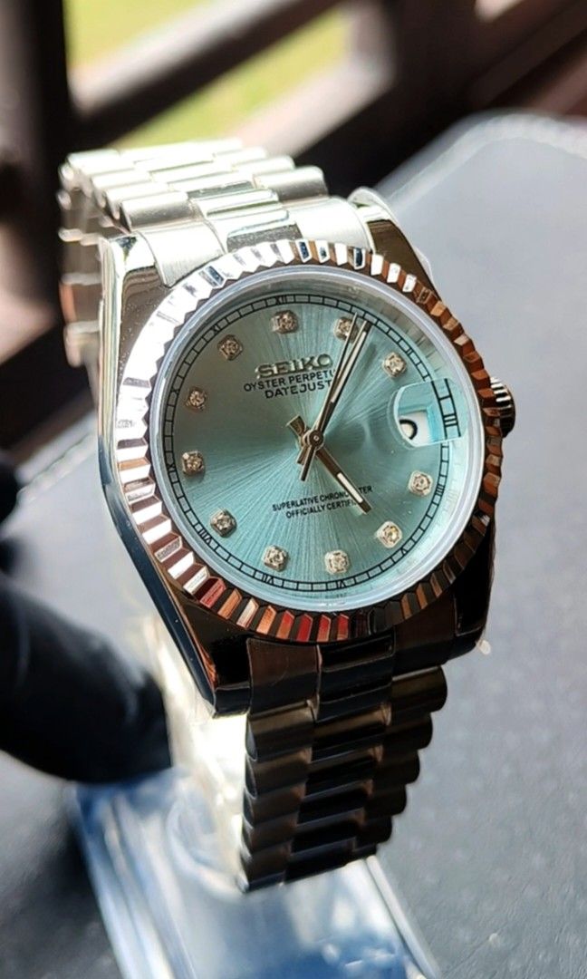 Seiko Mod Datejust Diamond Ice Blue 36mm 39mm Nh35, Women's Fashion ...