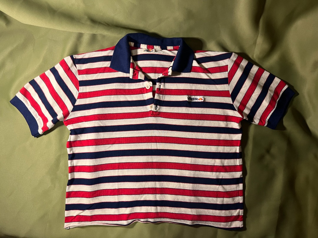 Vintage 90s Ellesse Cropped Red Blue White Striped Polo Shirt, Women's Fashion, Tops, Others ...