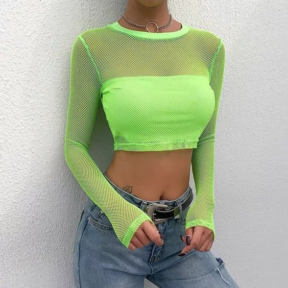 Y2K kpop korean style cyberpunk hype net top long sleeve neon green ...