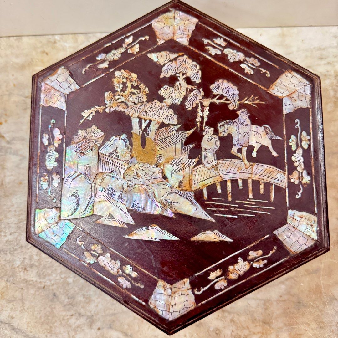 19th Antique Chinese Wood Hexagon Box Inlay MOP Landscape Boatman Birds ...