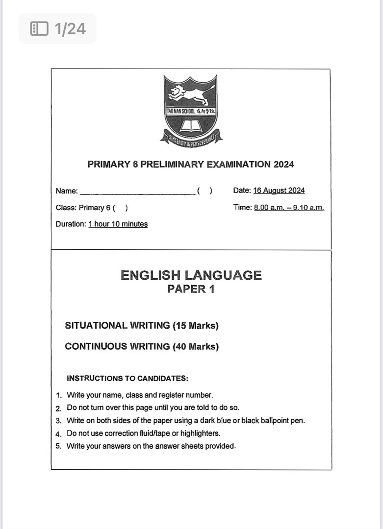 2024 PSLE Prelim test paper with answer key, Hobbies & Toys, Books ...