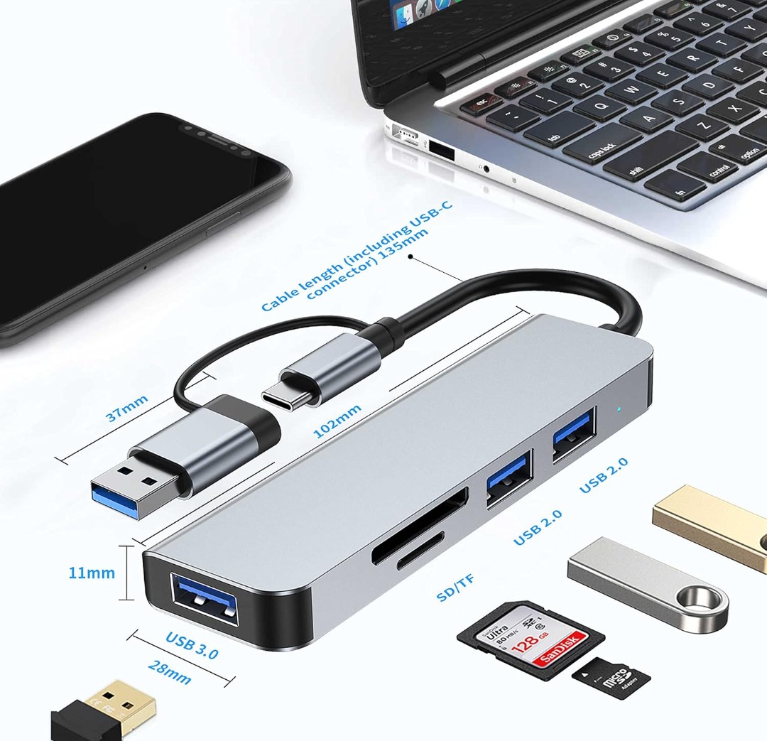 5 In 2 USB HUB With Splitter Card Reader, USB C Port, USB 3.0 / 2.0, SD ...