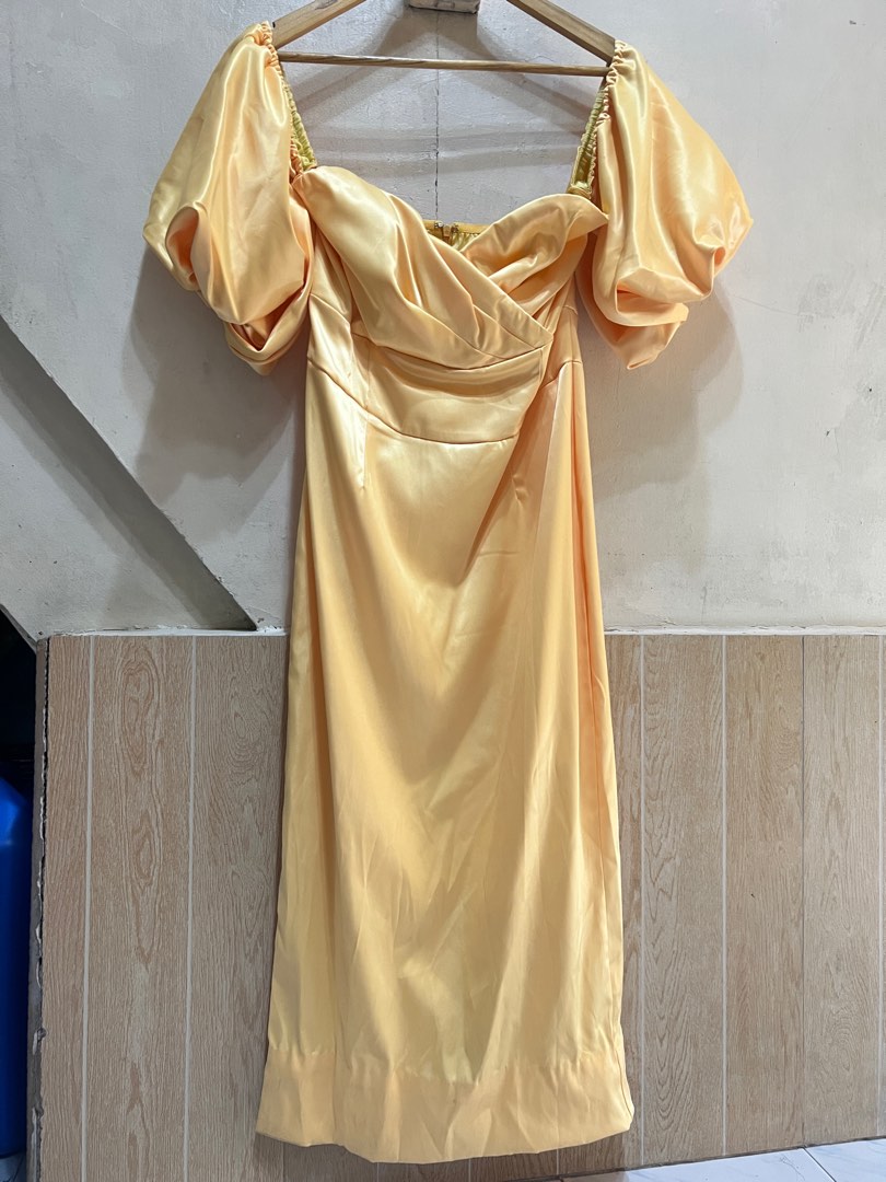 Yellow Golden Satin Dress, Women's Fashion, Dresses & Sets, Evening ...