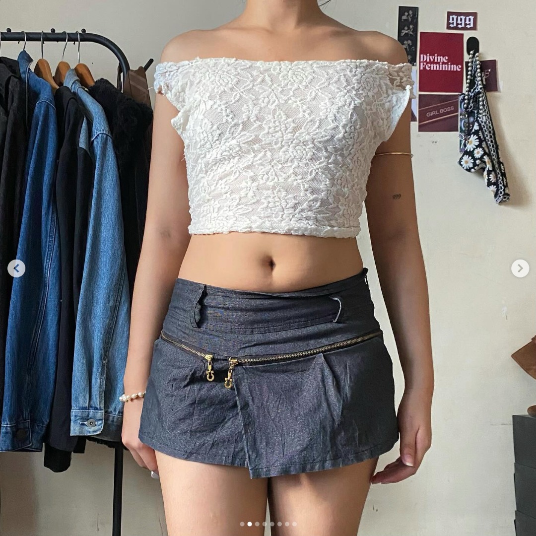 black denim jean low-waisted micro miniskirt skort with gold hardware ...