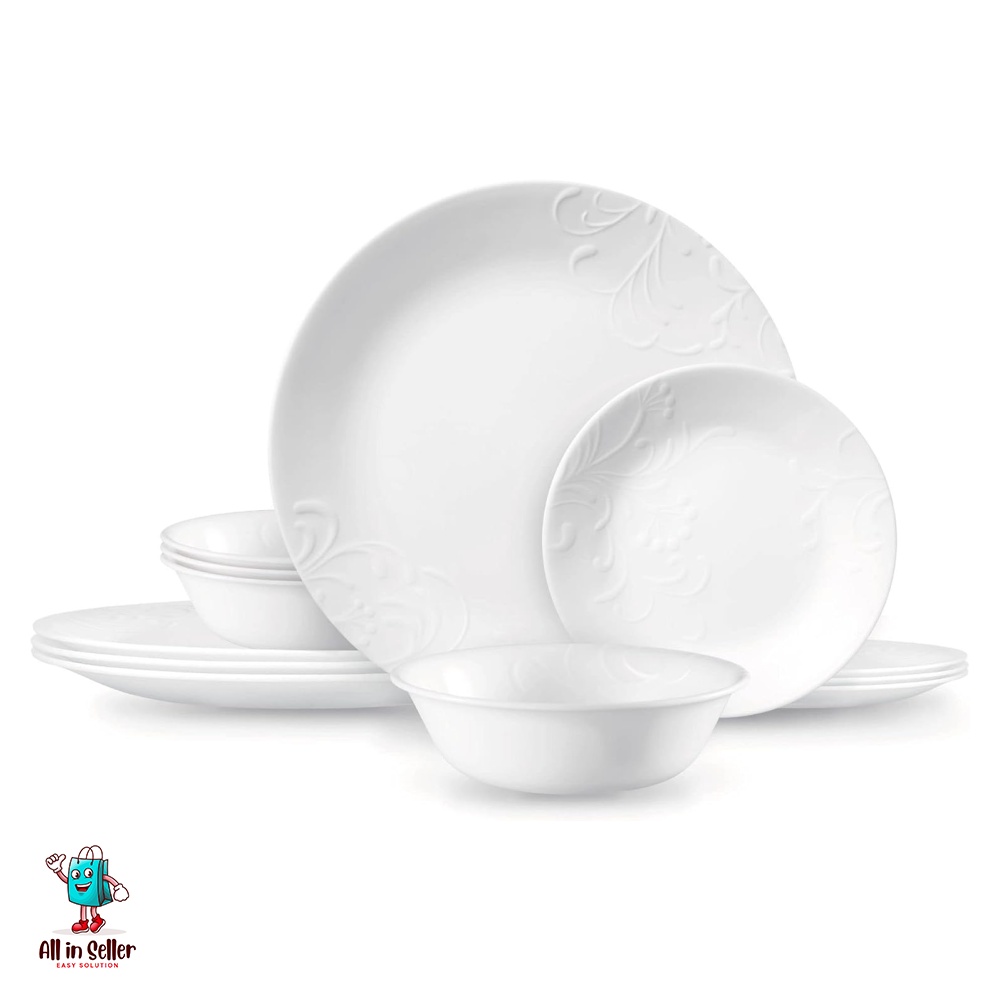Corelle Madeline Embossed 12 Piece White Dinnerware Set, Furniture ...