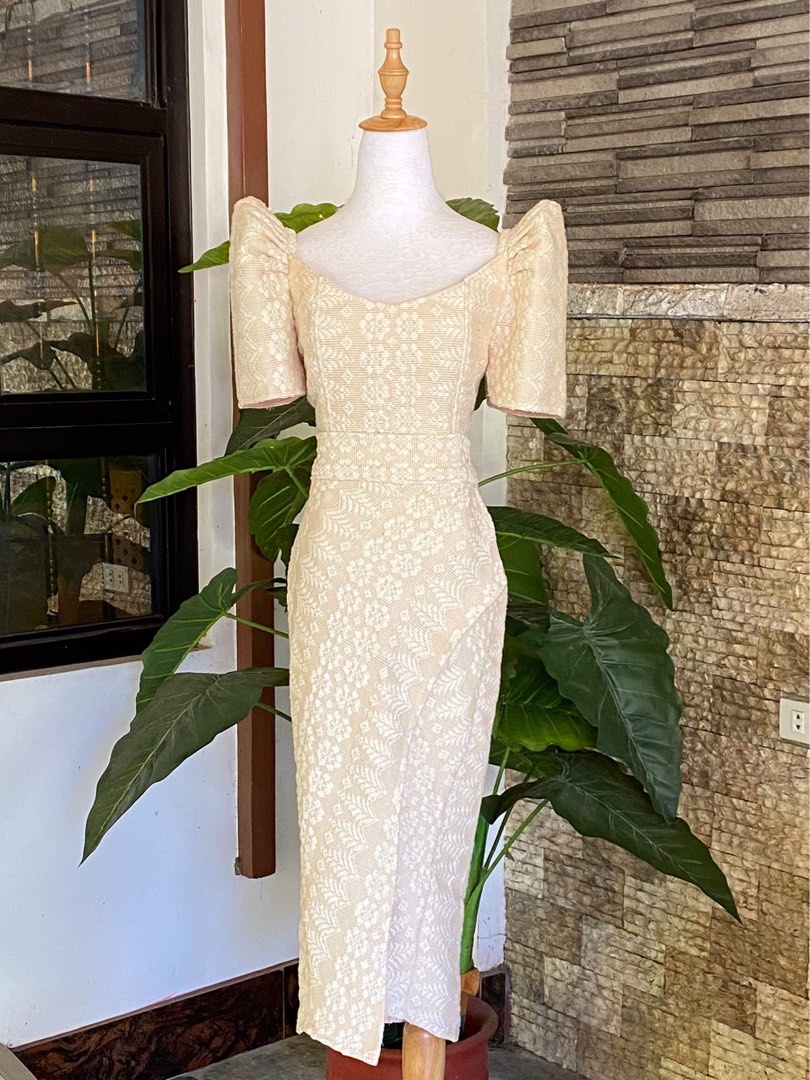 Filipiniana inabel Dress white and beige small, Women's Fashion ...