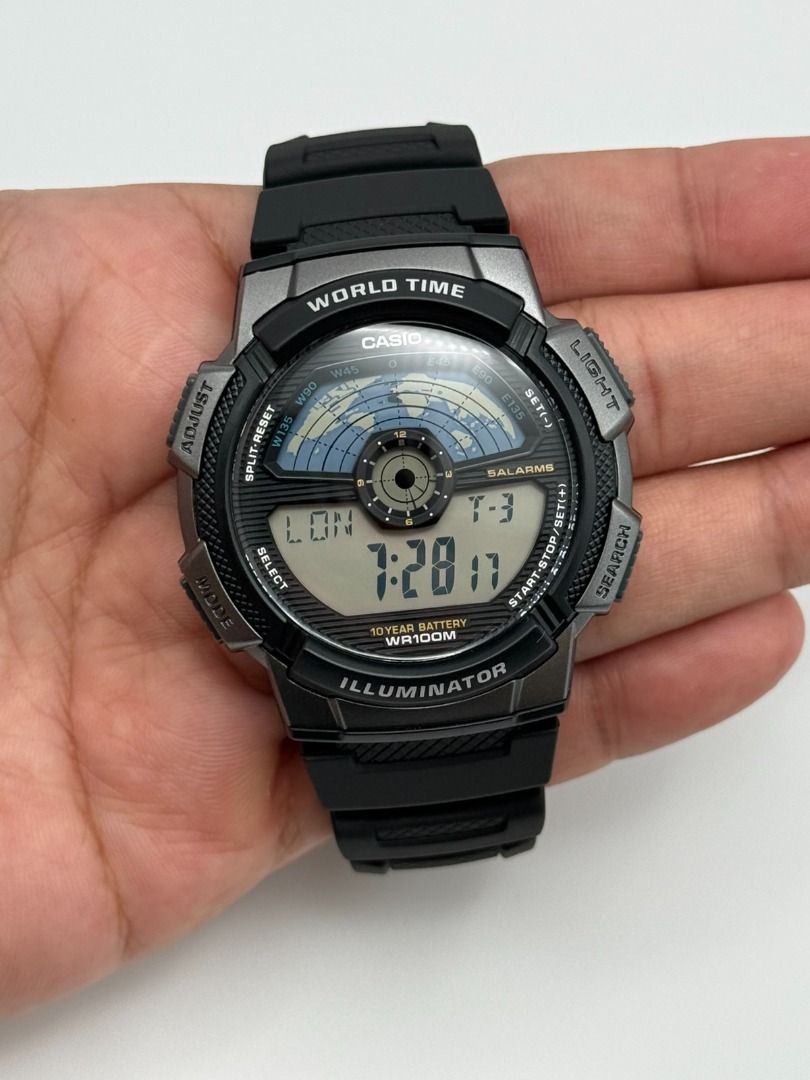 ORIGINAL CASIO Digital World Time Black Resin Band Men's Watch AE-1100W-, Luxury, Watches on ...