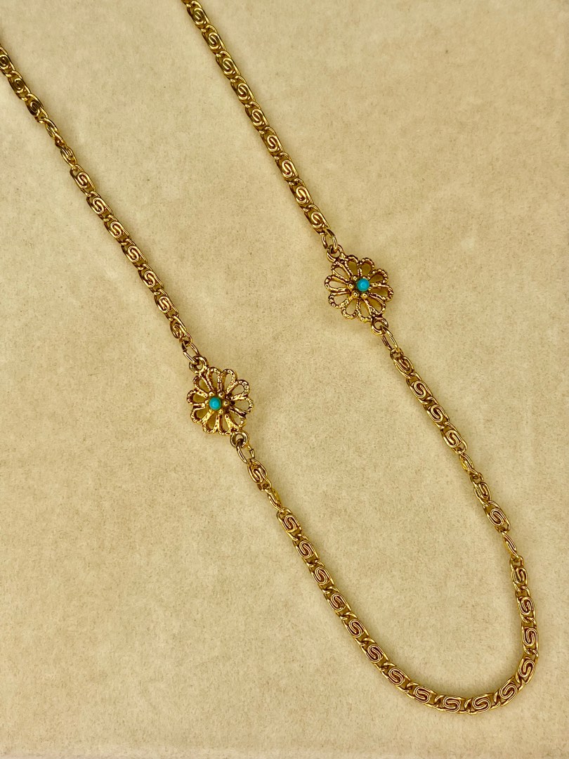 VINTAGE OPERA NECKLACE GOLD FLOWER WITH TURQUOISE CENTER SNAIL CHAIN ...