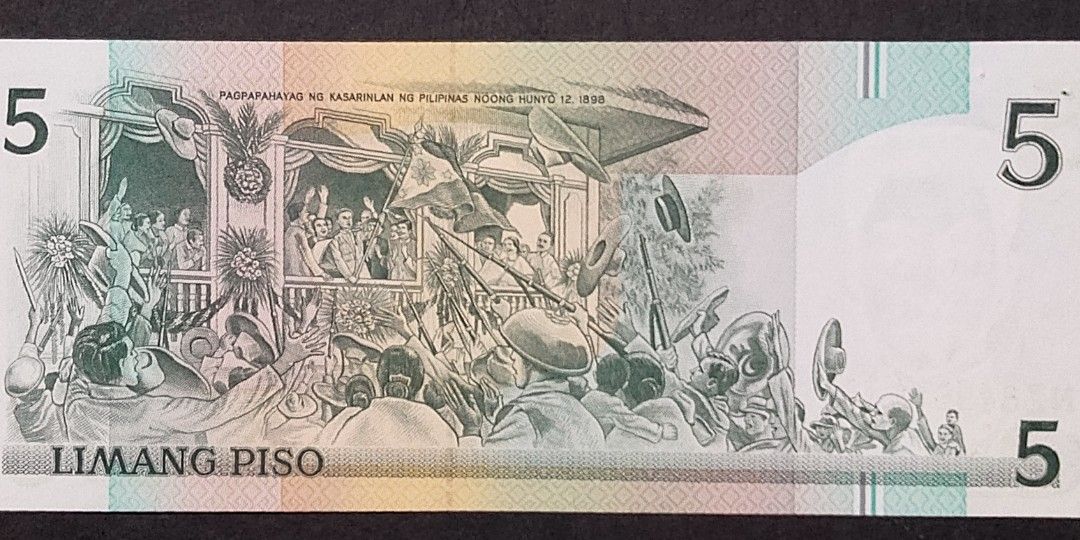 1986 Philippines New Design Series 5 Piso Emilio Aguinaldo old Banknote ...