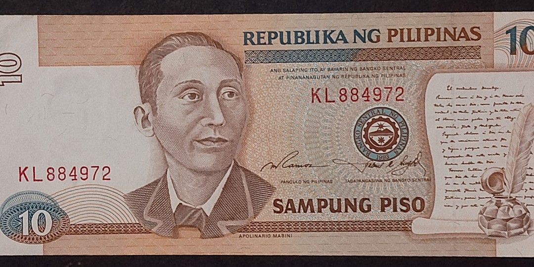 1992 Philippines New Design Series 10 Piso Apolinario Mabini old ...