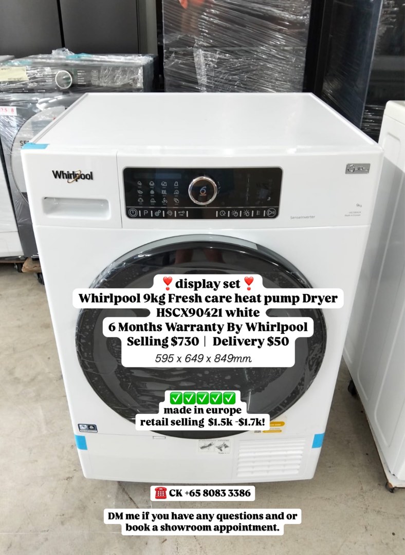 Whirlpool 9kg Fresh care heat pump Dryer HSCX90421 white display set ...