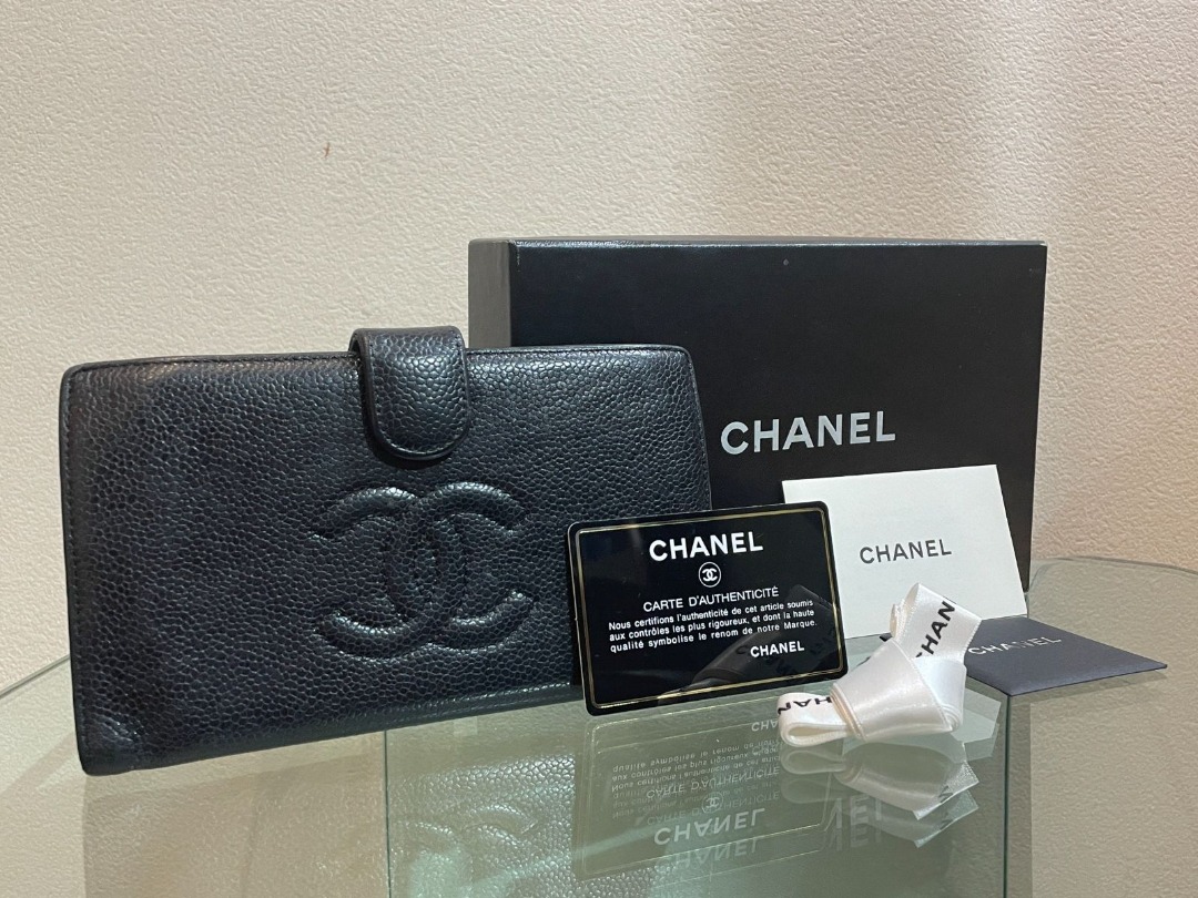 Authentic Chanel caviar skin Coco mark wallet, black, original box ...