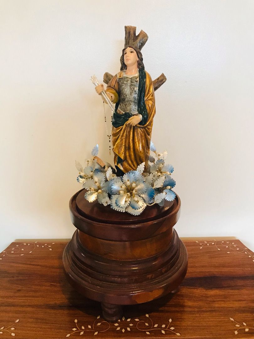 San Sebastian / St. Sebastian Wooden Blessed Image/Santo / Poon in Glass Virina with Narra Base ...