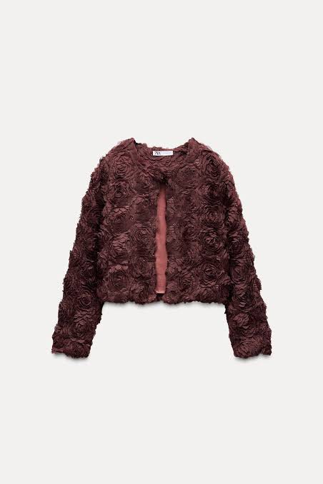 Zara Chocolate Brown Textured Floral Jacket Cardigan, Women's Fashion ...