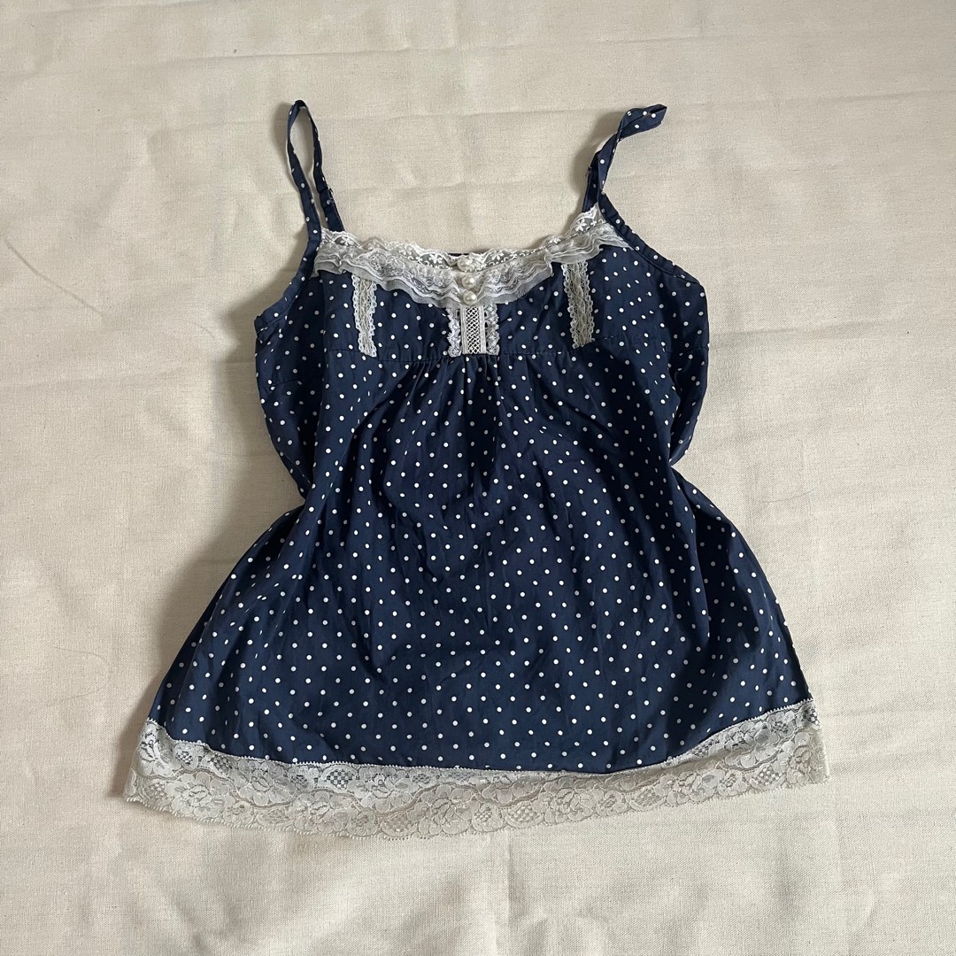 MS. MISS Blue Polka Dots Lace Top | y2k acubi dark femme fatal frame ...