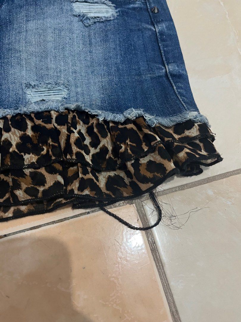 ONLY JEANS Tattered denim ruffled leopard mini skirt | y2k gyaru ...