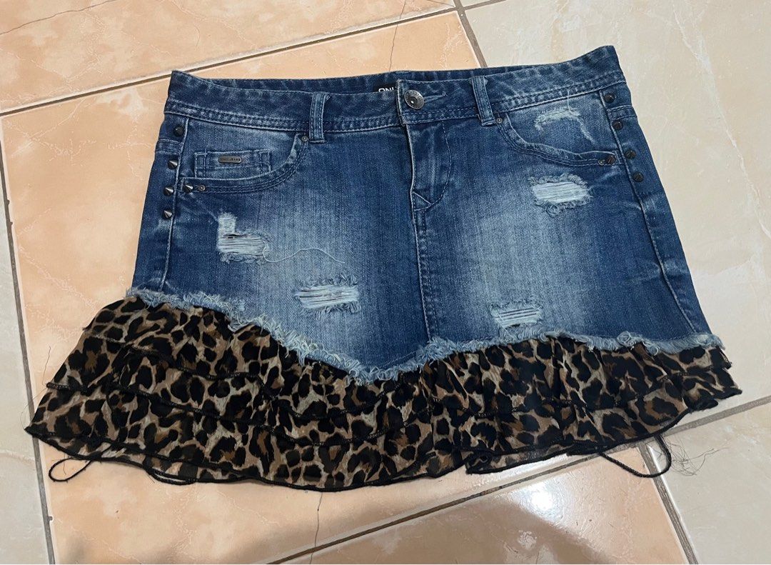 ONLY JEANS Tattered denim ruffled leopard mini skirt | y2k gyaru ...