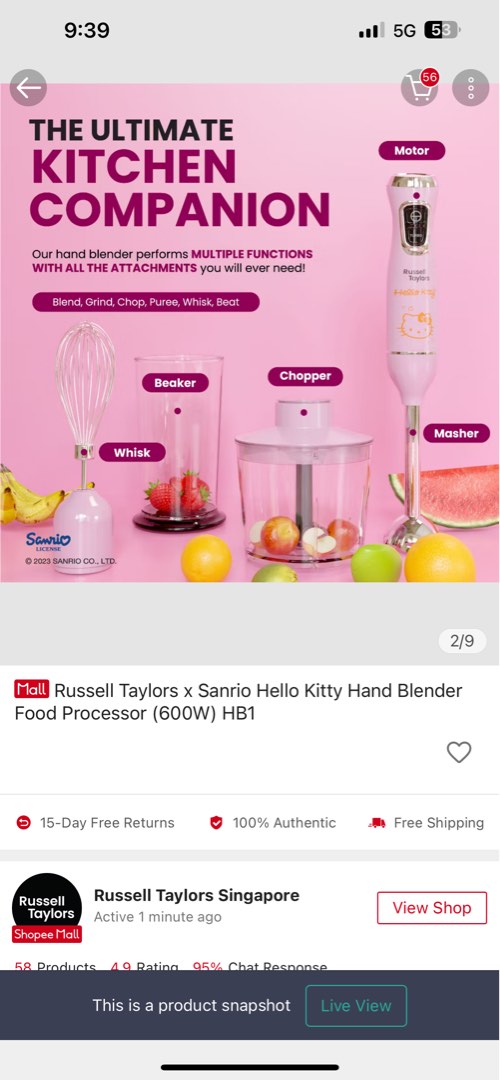 Russell Taylors x Sanrio Hello Kitty Hand Blender Food Processor (600W ...