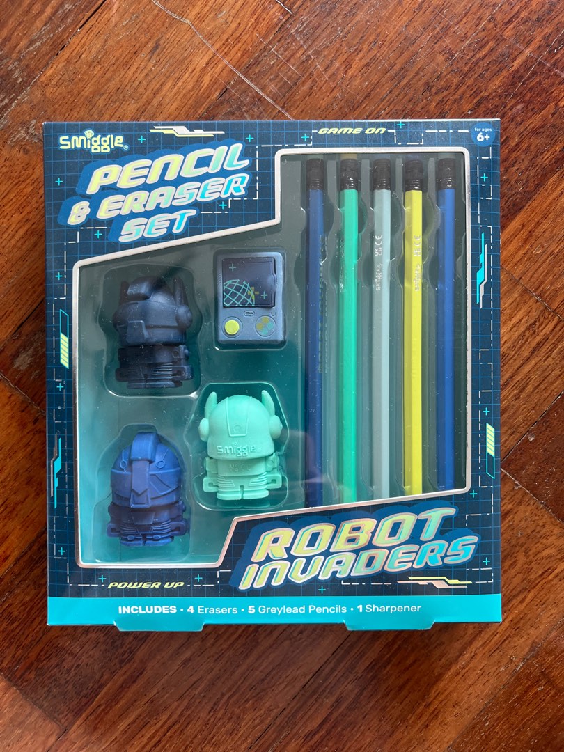Smiggle Robot Invaders Pencil & Eraser Set, Hobbies & Toys, Stationery ...