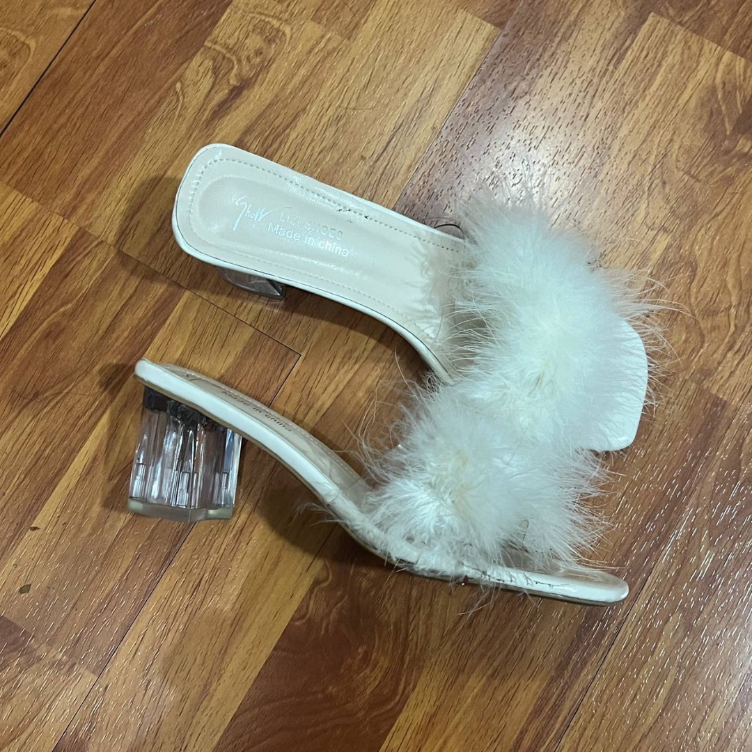 Fur Low Block Glass Heels, Women's Fashion, Footwear, Heels on Carousell