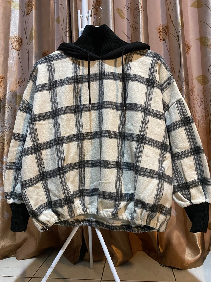 hoodie knitwear knit rajut plaid tartan puffy sleeves, Fesyen Wanita ...