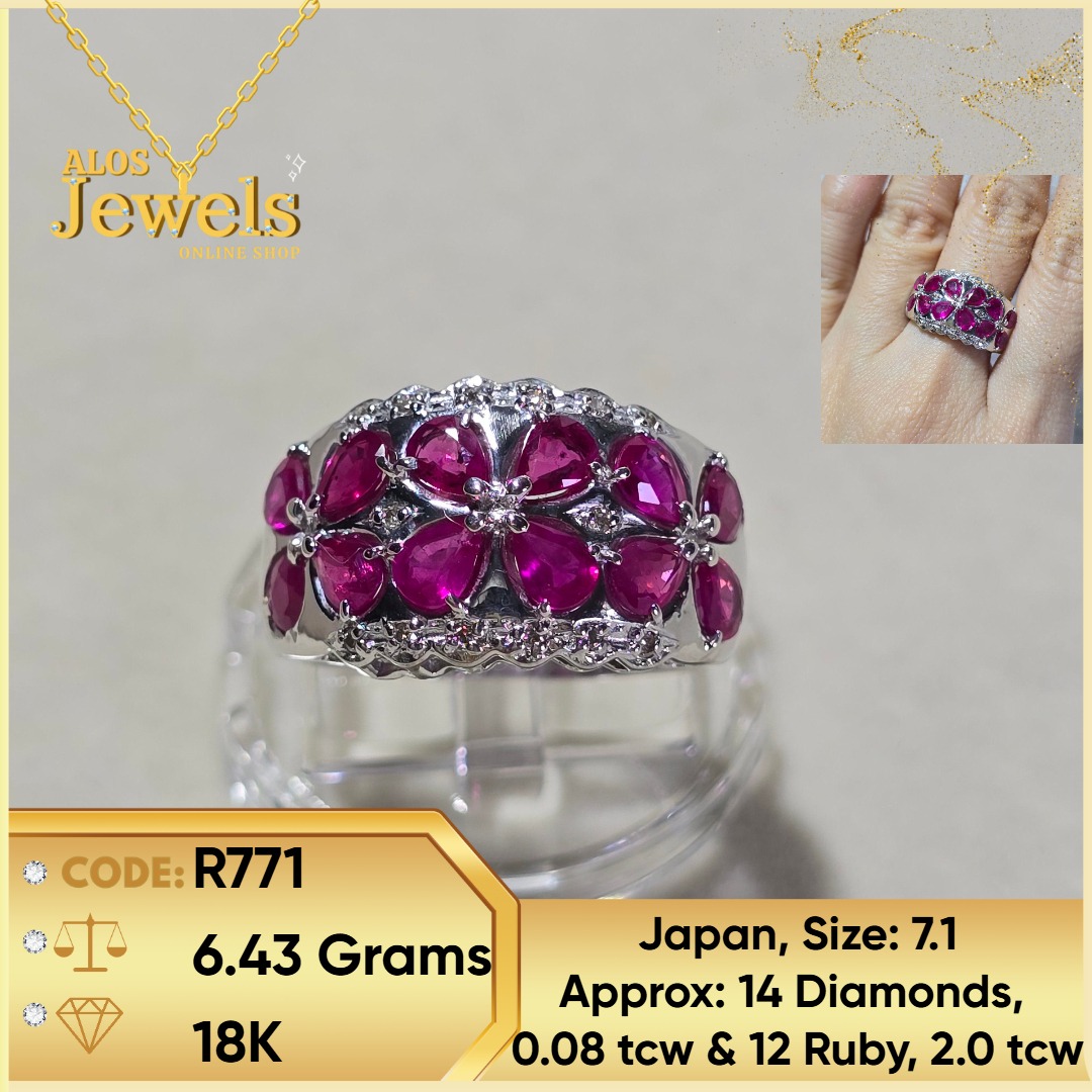18K Japan White Gold Ring with Real Diamonds and Ruby, Women's Fashion ...