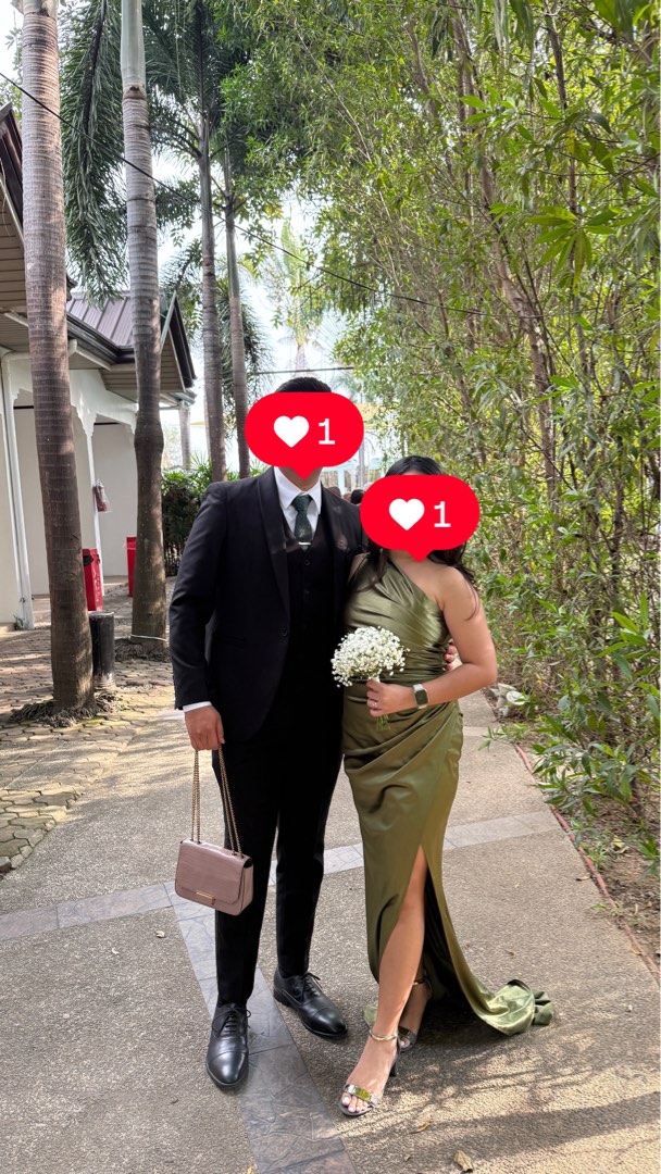 Army Olive Green Off Shoulder Bridesmaid Entourage Silk Satin Gown with ...