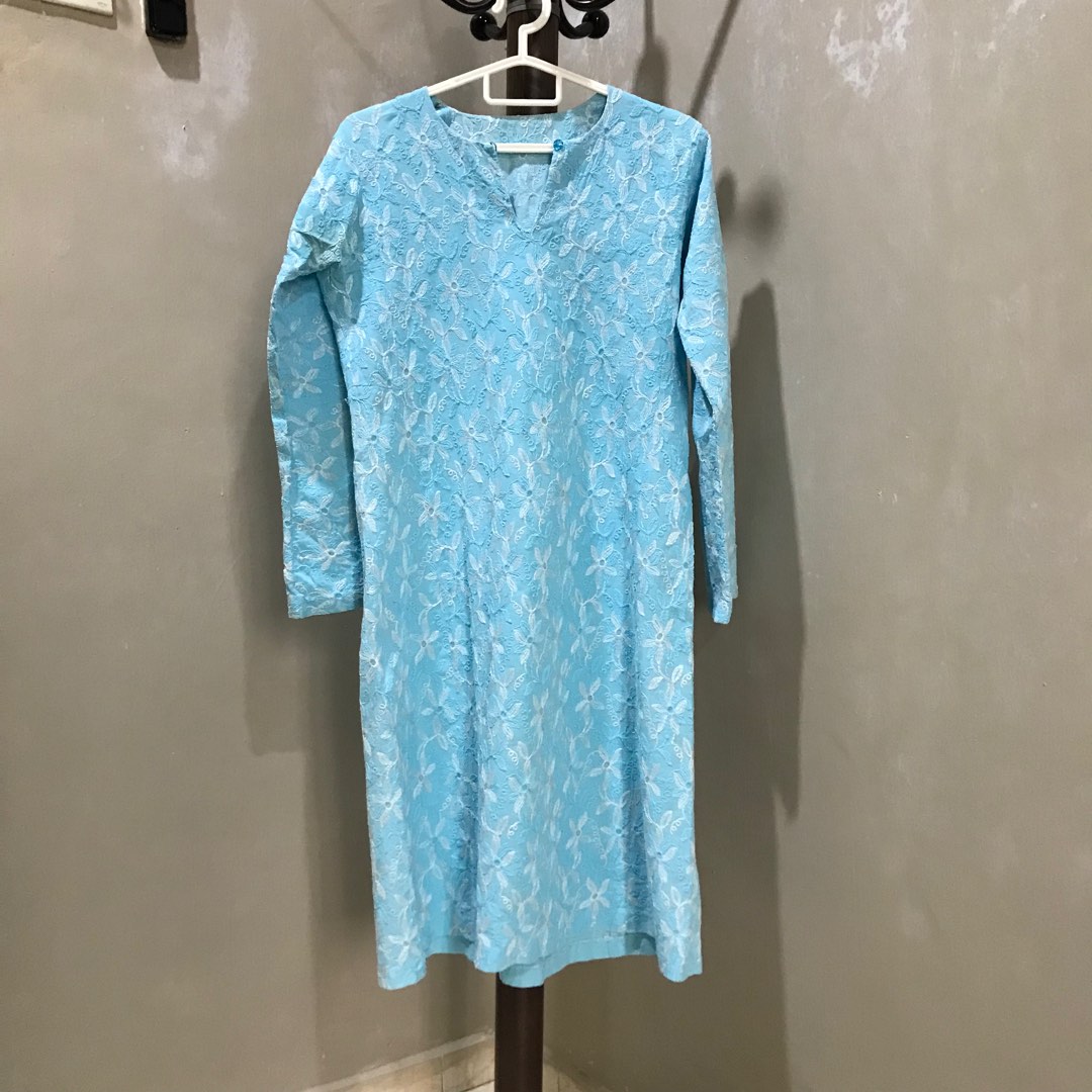 baju kurung sulam biru cair corak bunga, Women's Fashion, Muslimah ...