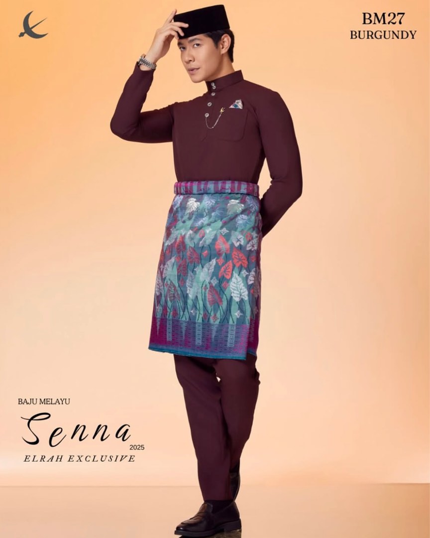 BAJU MELAYU SENNA ELRAH BURGUNDY, Men's Fashion, Muslim Wear, Baju ...