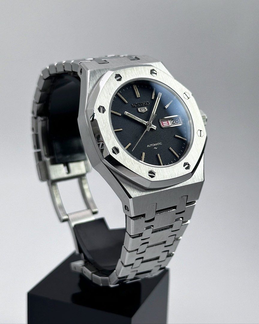 Custom Seiko 5 Mod 39mm Blue Waffle Day-Date AP Automatic Watch, Men's ...