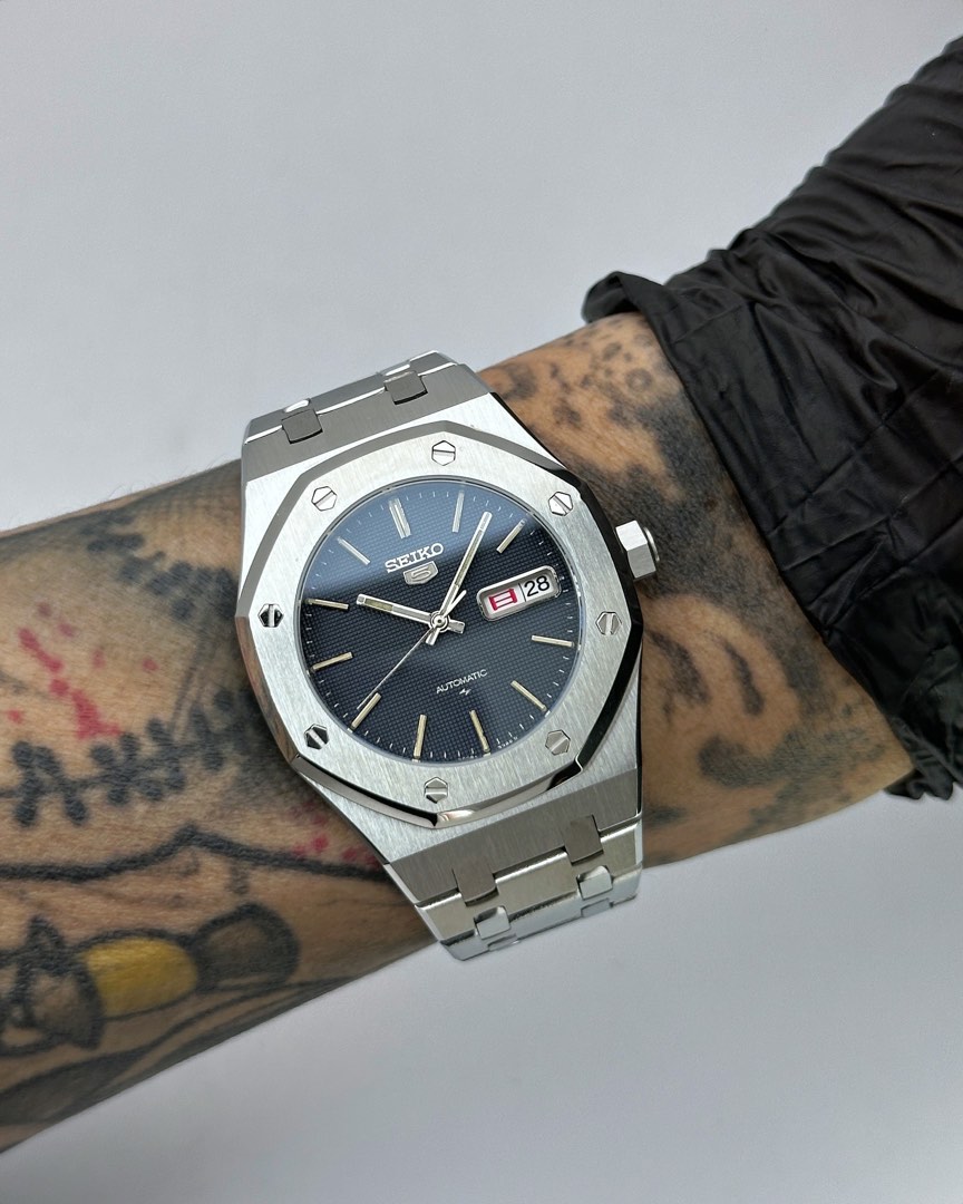 Custom Seiko 5 Mod 39mm Blue Waffle Day-Date AP Automatic Watch, Men's ...