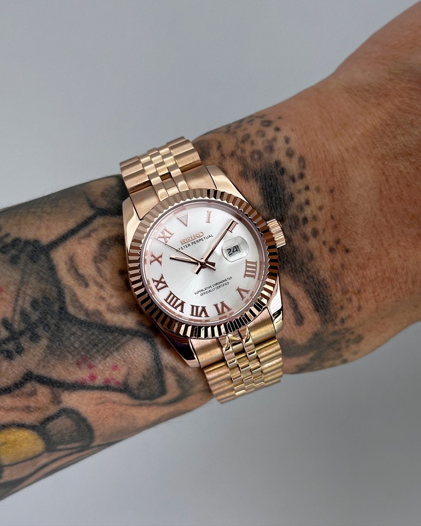 Custom Seiko Mod 31mm Silver Roman Rose Gold Datejust Automatic Watch ...