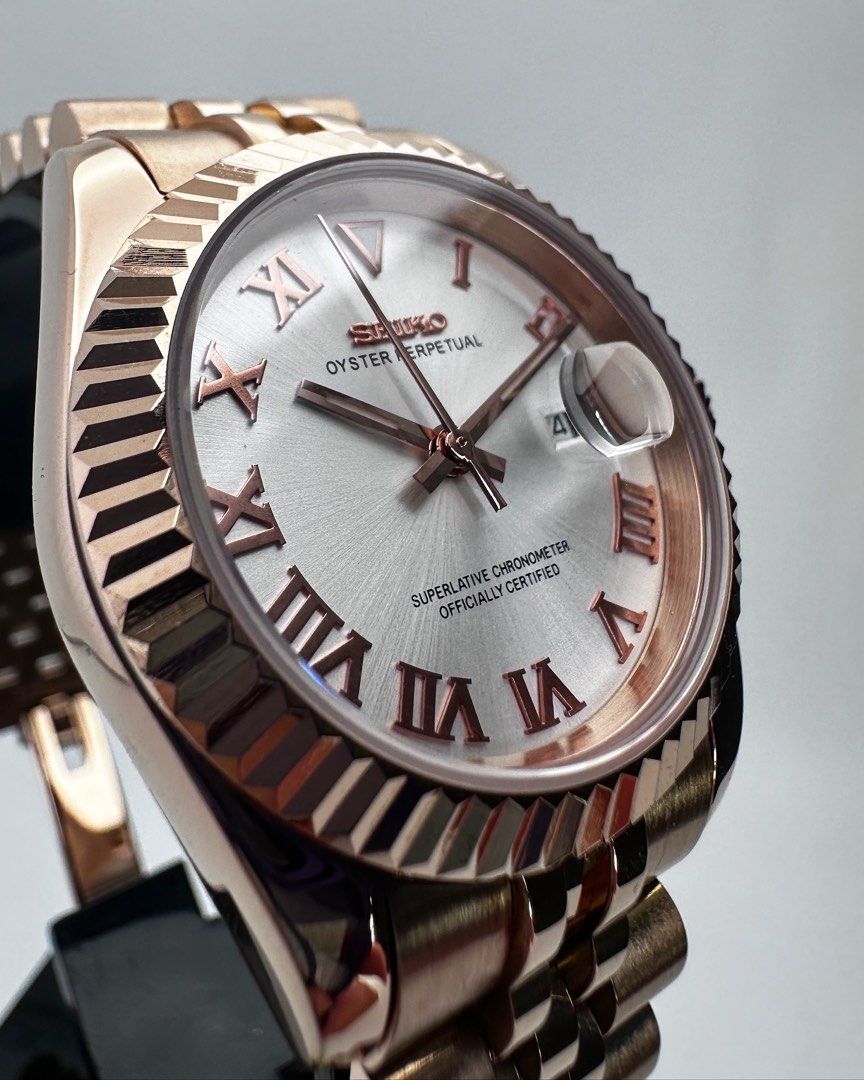 Custom Seiko Mod 31mm Silver Roman Rose Gold Datejust Automatic Watch ...