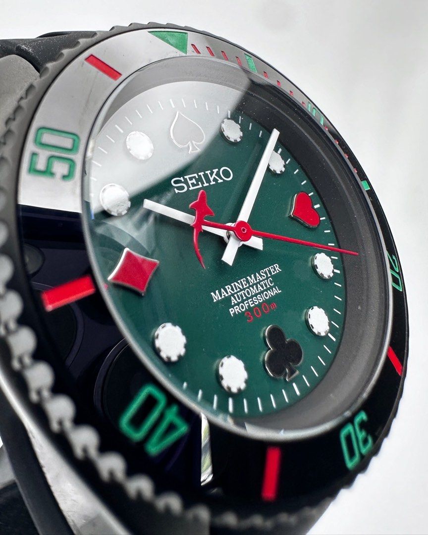 Custom Seiko Mod 42mm Green Poker Red Shark Black SKX Automatic Watch ...