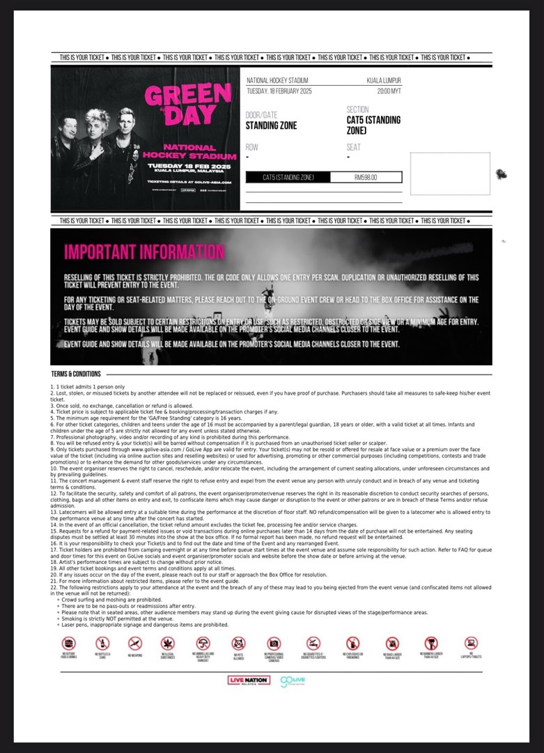Green Day Concert @ Feb 18 (Standing), Tickets & Vouchers, Event ...