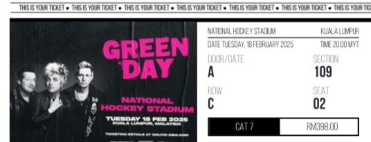 Green Day Concert Ticket - 1 ticket - Cat 7, Tickets & Vouchers, Event ...