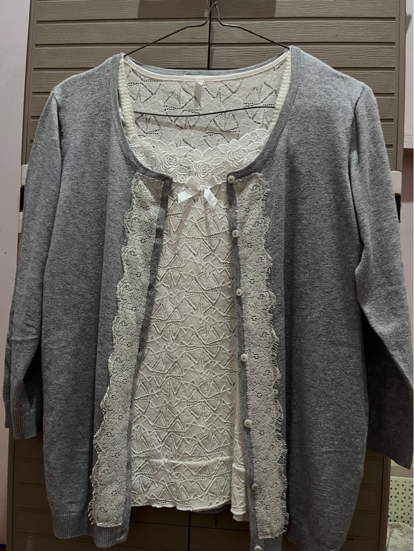 (ONE SET) Outer Abu Abu + Inner Katbol Putih | Y2k | Sawako | Igari ...