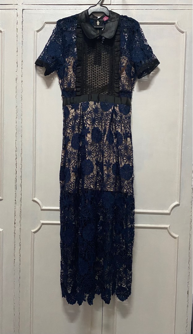 Self-Portrait Navy Blue Maxi Dress, Women's Fashion, Dresses & Sets ...