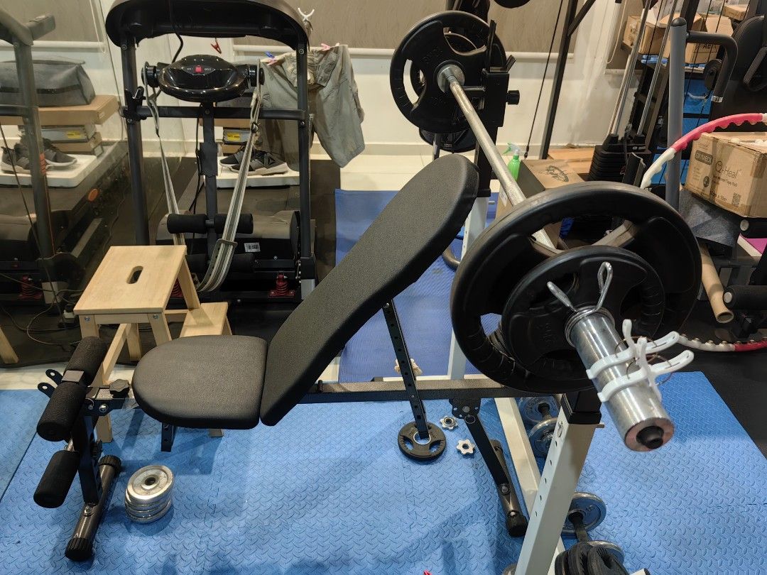 Steel Barbell Rod with Cast Iron Weights, Stand & Bench Set, Sports ...