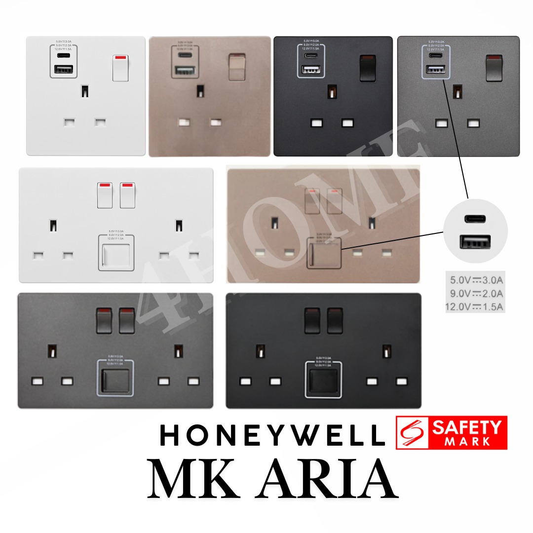 Honeywell MK Aria Single Double 13A Socket with USB A C Safety Mark ...
