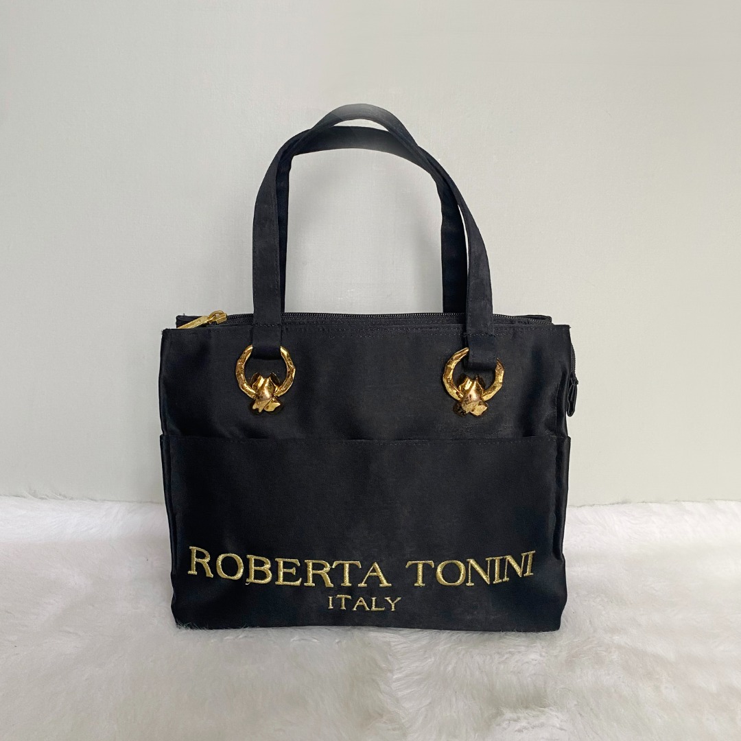 Roberta Tonini Black Logo Embroidered Nylon Tote Bag, Women's Fashion ...