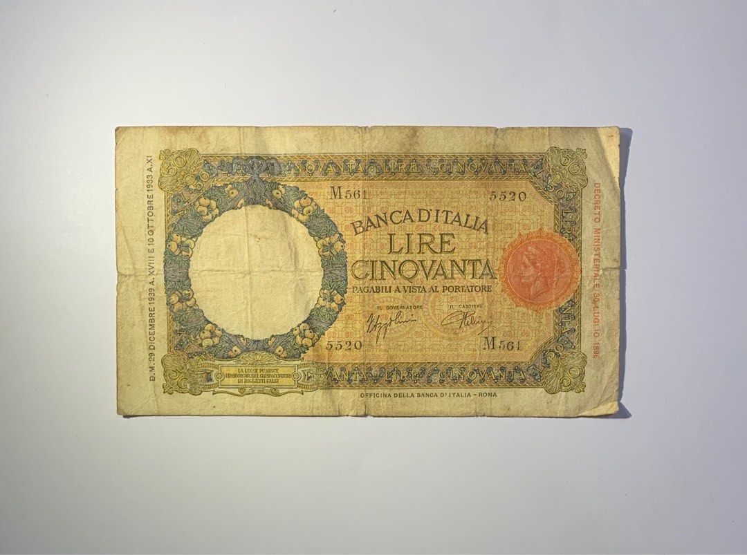 1939 Fascist Italy 50 Lire Mussolini 1933 Series old original inter war ...