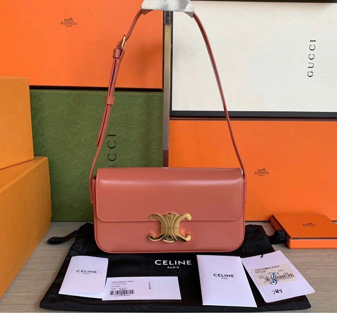 Celine teem triomphe in shiny lychee shoulder bag 2023, Luxury, Bags ...