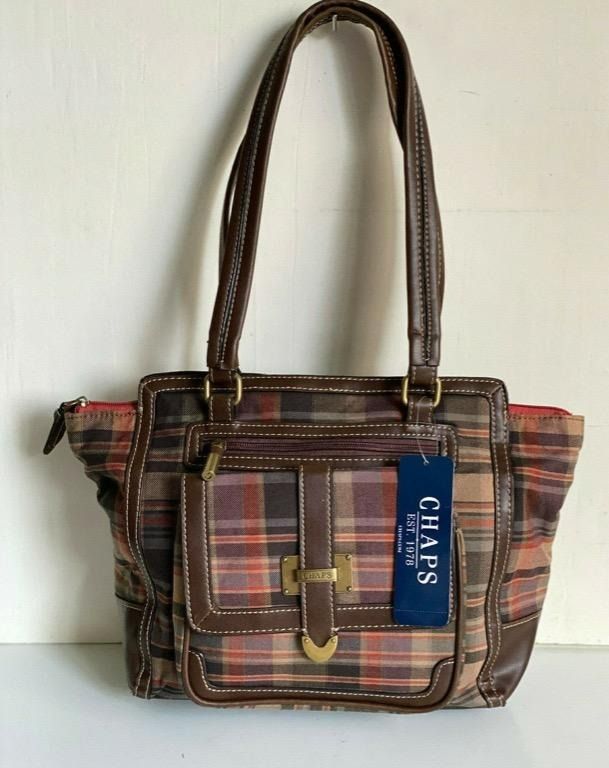 CHAPS RALPH LAUREN CUTLER NELSON PLAID BROWN SATCHEL TOTE BAG PURSE $89 ...