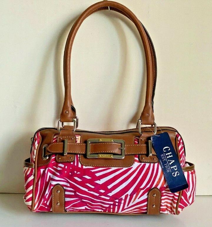 CHAPS RALPH LAUREN POSITANO TROPICAL PALM ORANGE PINK SATCHEL BAG PURSE ...