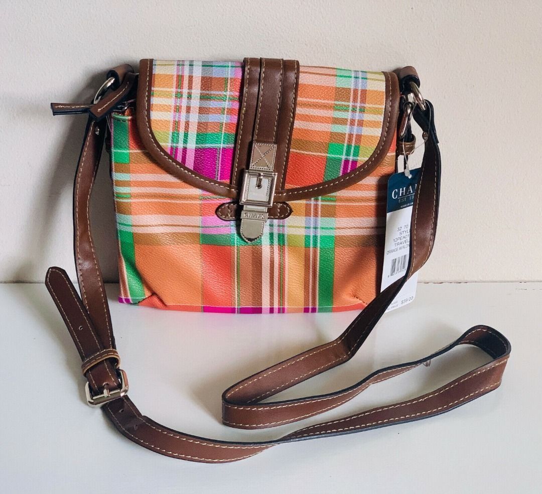 CHAPS RALPH LAUREN TRAVELER ORANGE AVALON MADRAS CROSSBODY SLING BAG ...