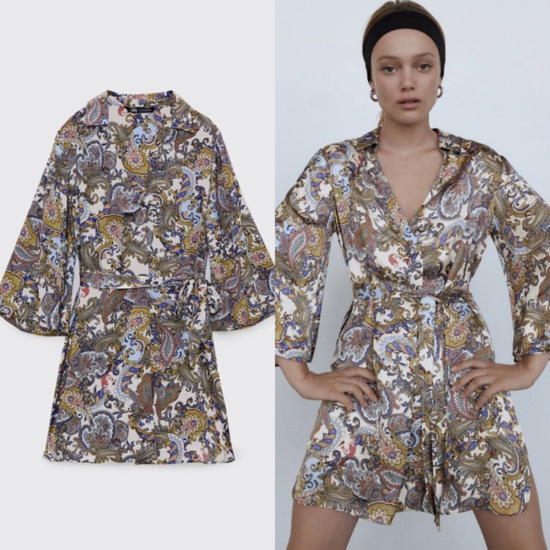 Zara Paisley Printed 3/4 Bell Sleeve Mini Dress Size XL No Belt, Women ...