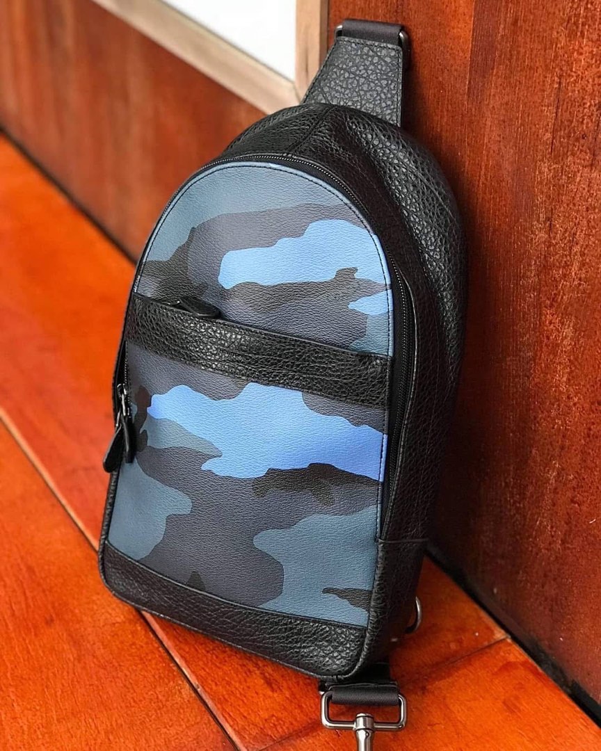 Coach Men Charles Pack Camo Blue Black Leather Sling Bag Backpack, Men ...