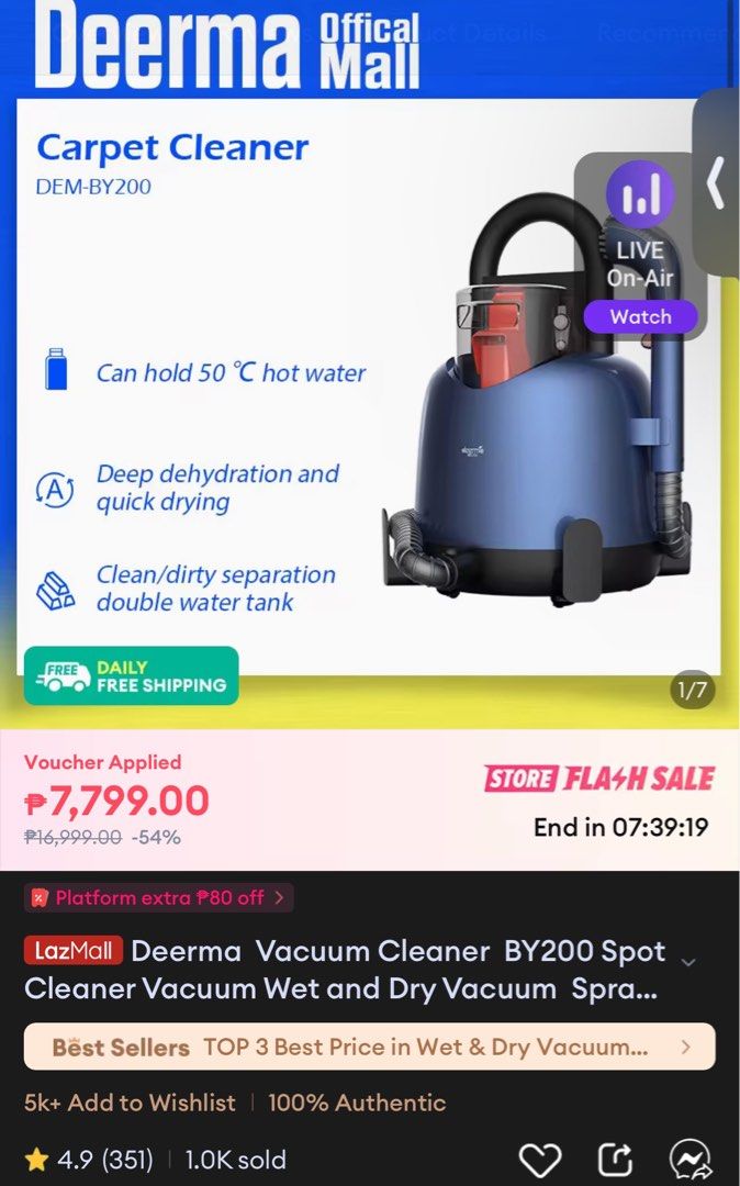 Deerma BY200 Multi-Purpose Carpet and Upholstery Cleaner Wet And Dry ...