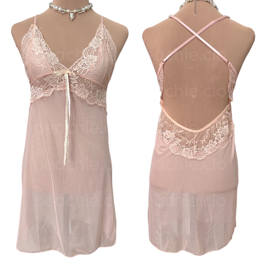 light pink sheer backless dress lingerie coquette ribbon bow lace mesh ...